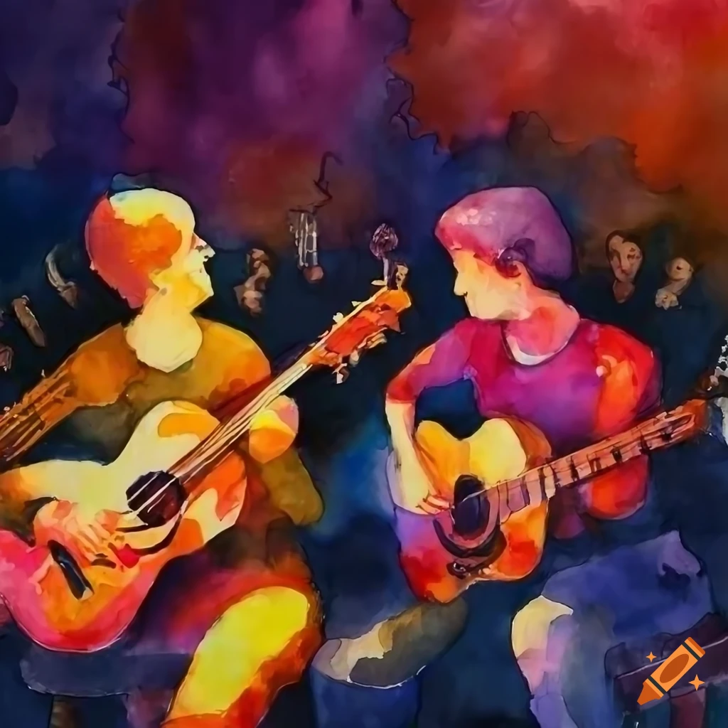 Watercolor painting of musicians performing in a coffee shop on Craiyon