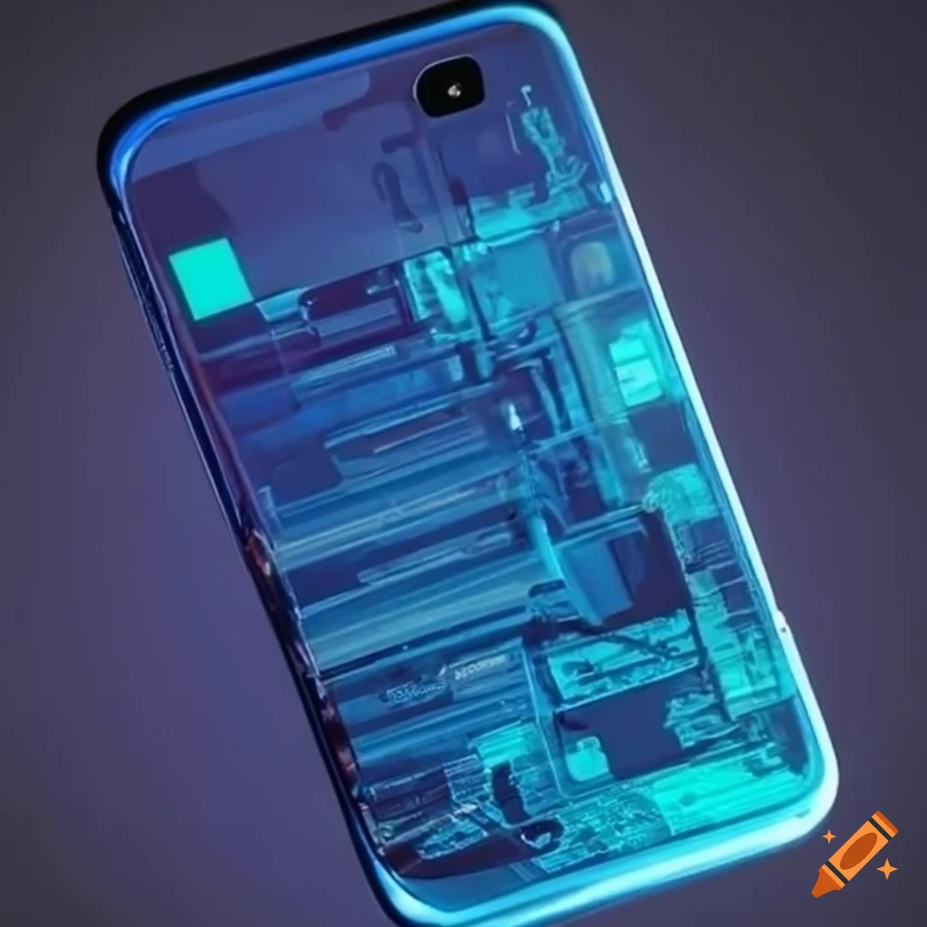 Retro bondi blue translucent smartphone with internal components ...
