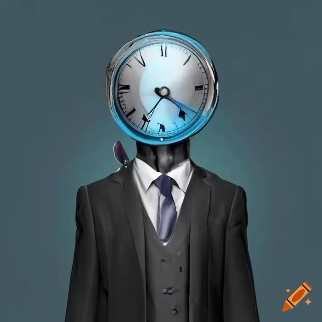 Man with clock head, golden top hat, and clothes on Craiyon