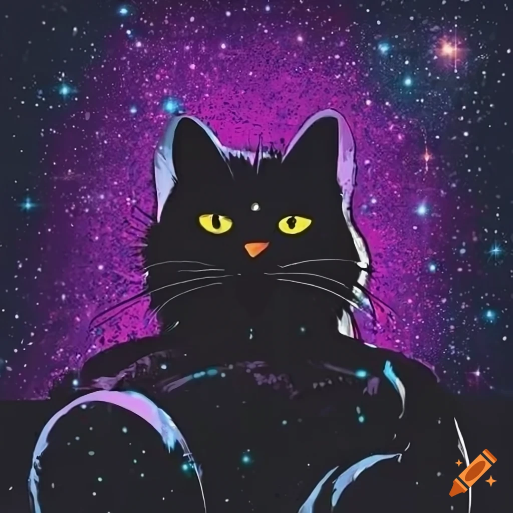 Pop art cartoon of a black cat in space