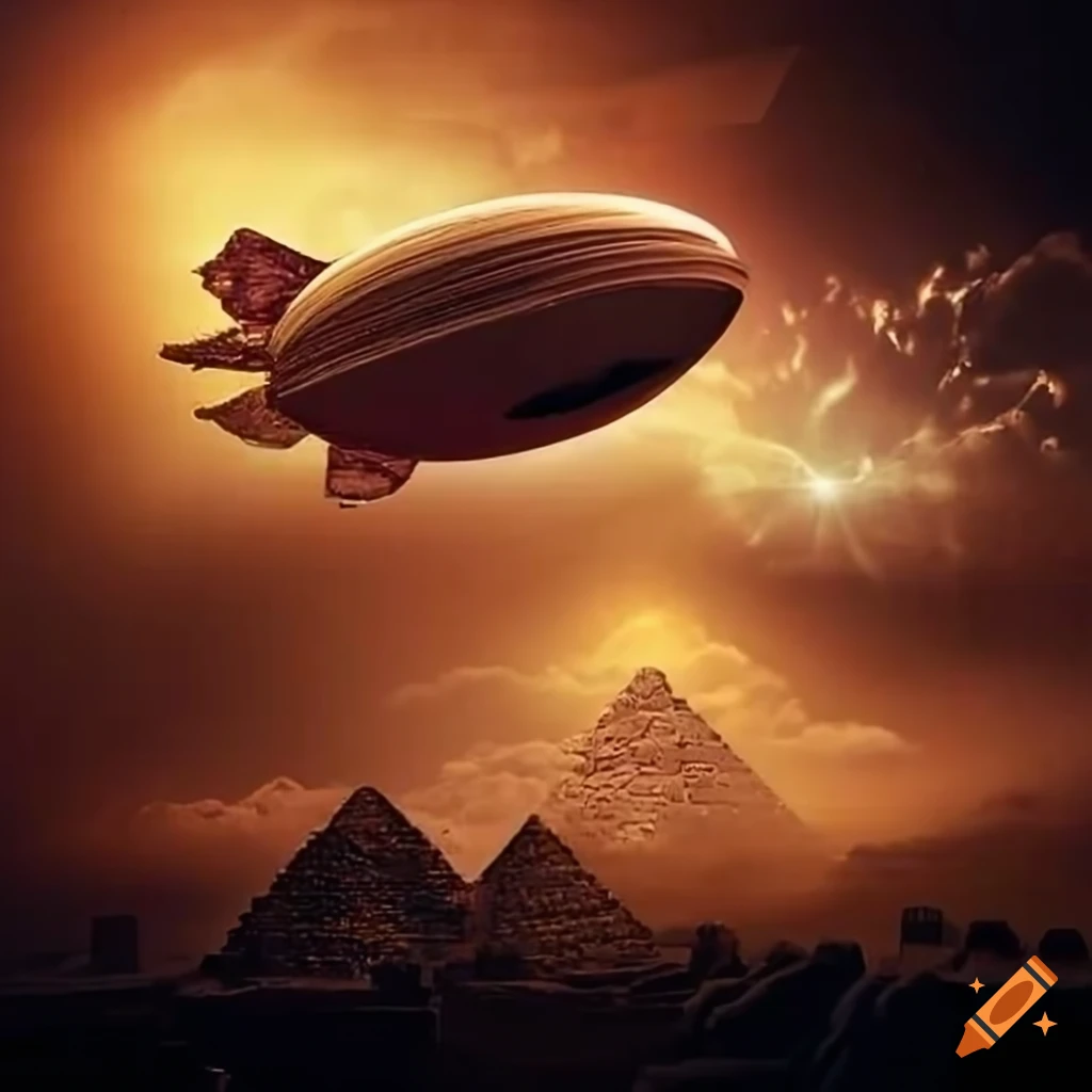 Book cover of a zeppelin flying over the pyramids of giza on Craiyon