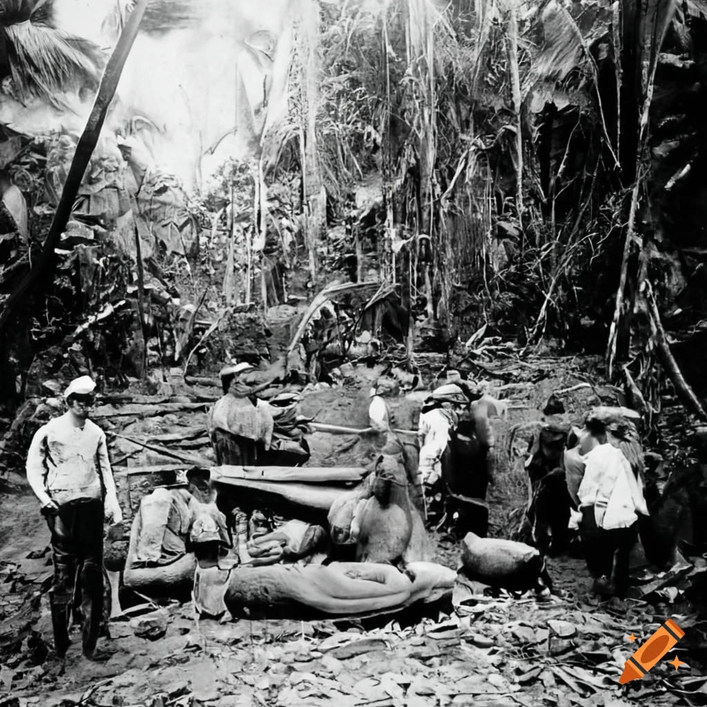 Vintage-style photo of archaeologists at an expedition camp in the ...