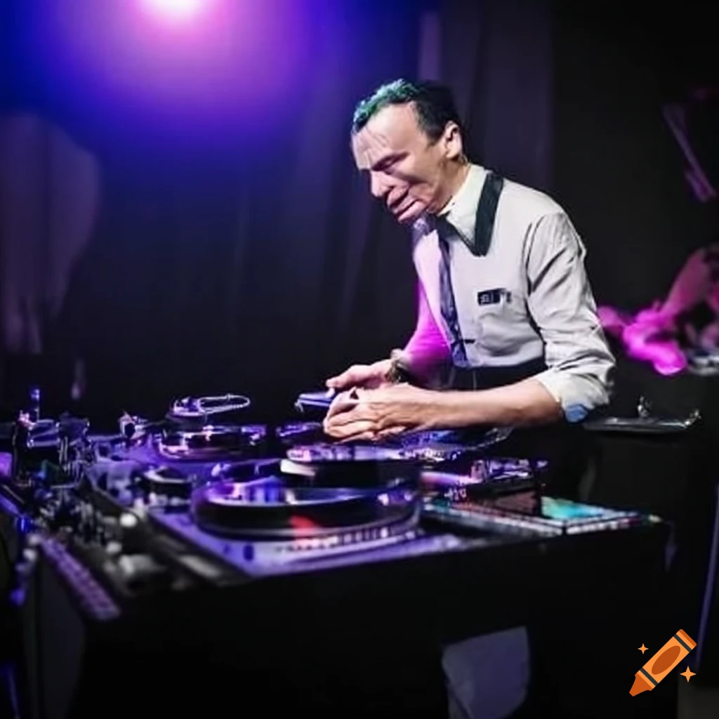 Blue man dj performing on a silver stage on Craiyon