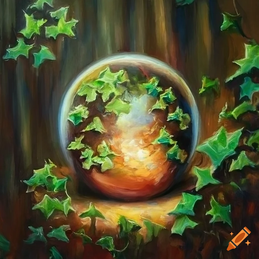 Fantasy oil painting of a crystal ball covered in ivy
