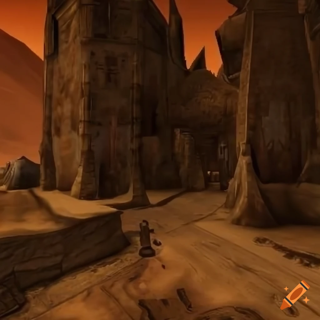 Screenshot of a desert city in a first-person rpg game