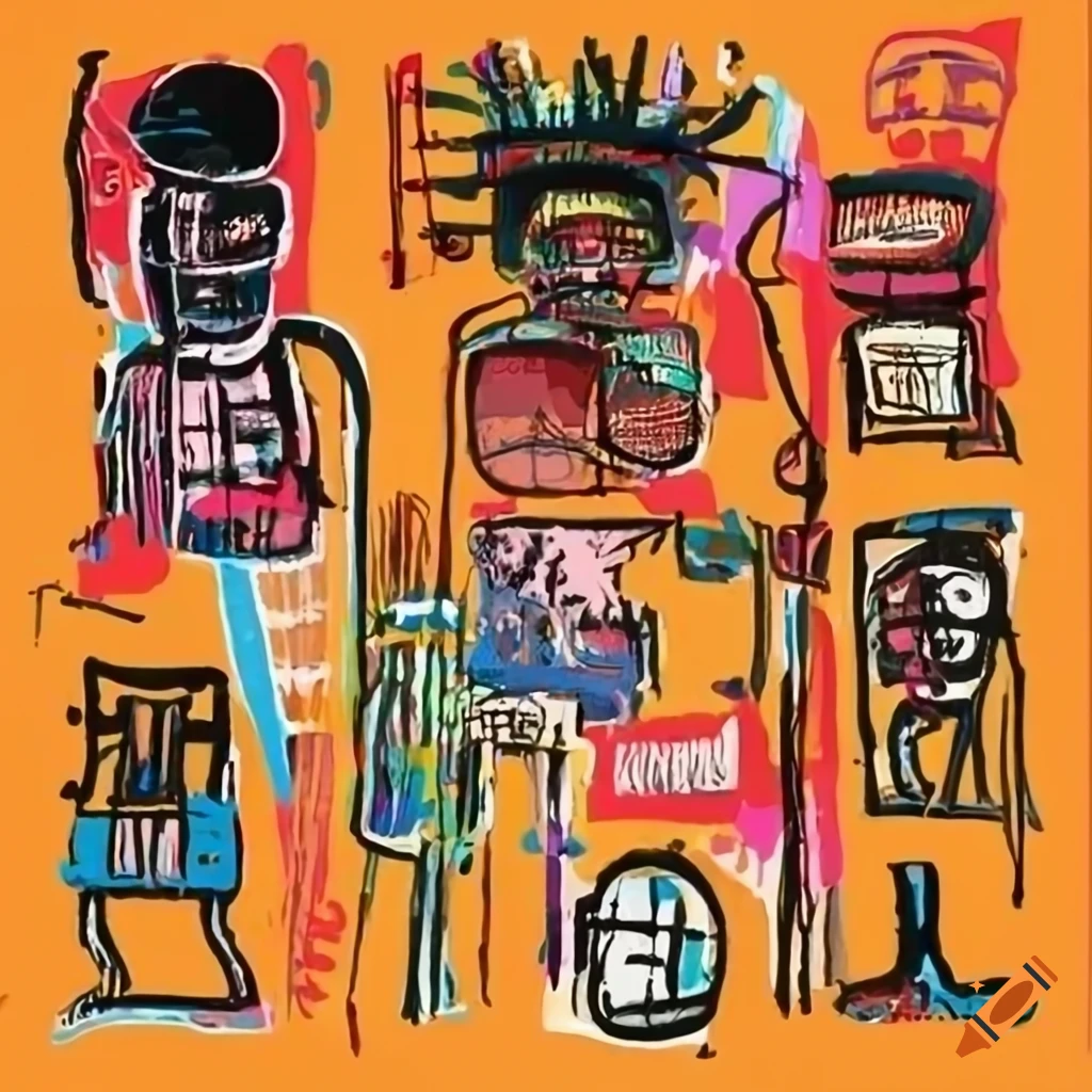 Jean-Michel Basquiat style illustration with various subjects on Craiyon