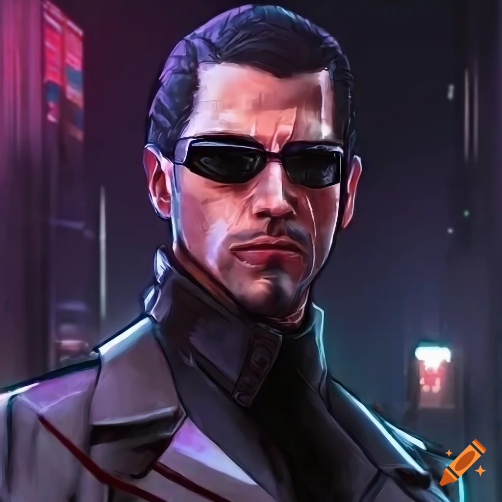 Jc denton from deus ex in a cyberpunk cityscape on Craiyon