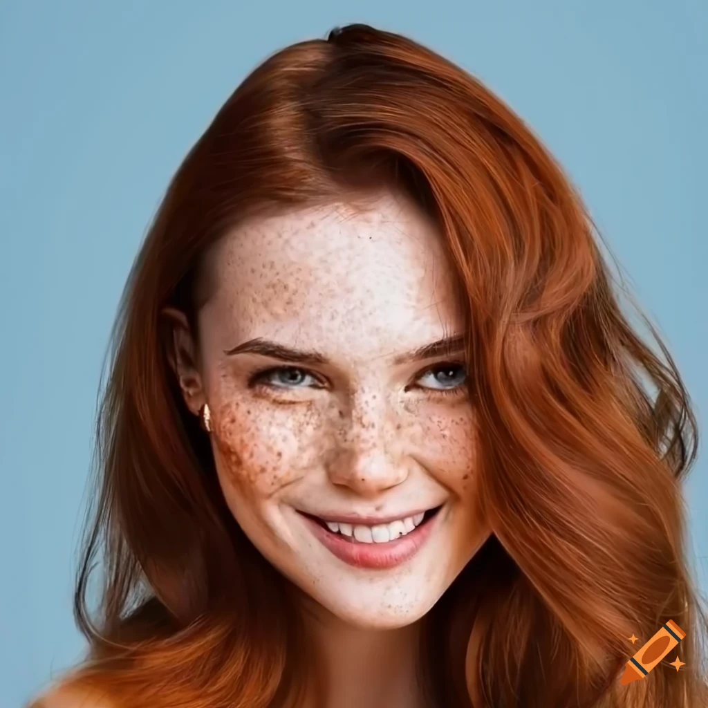 Close-up portrait of a young woman with freckles and auburn hair on Craiyon