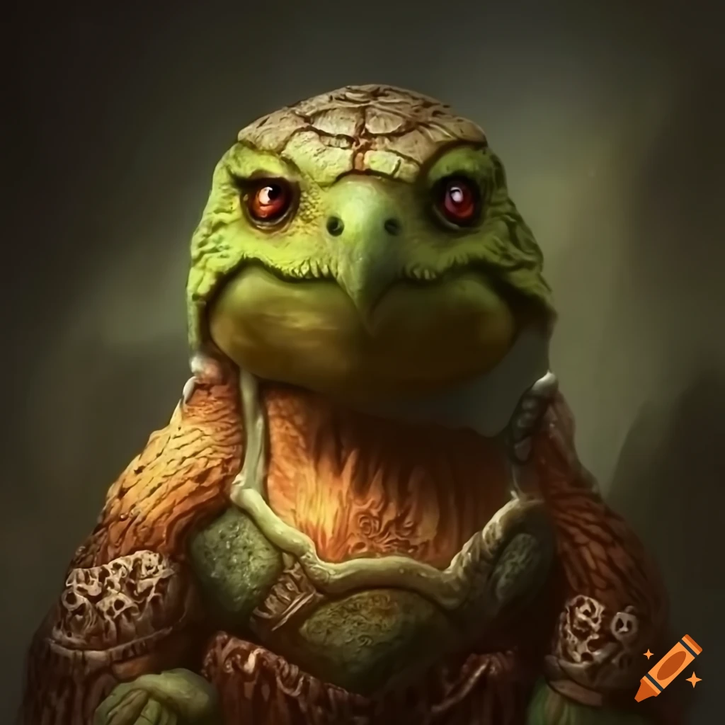 Artwork of a female tortle druid with her pet owlbear on Craiyon