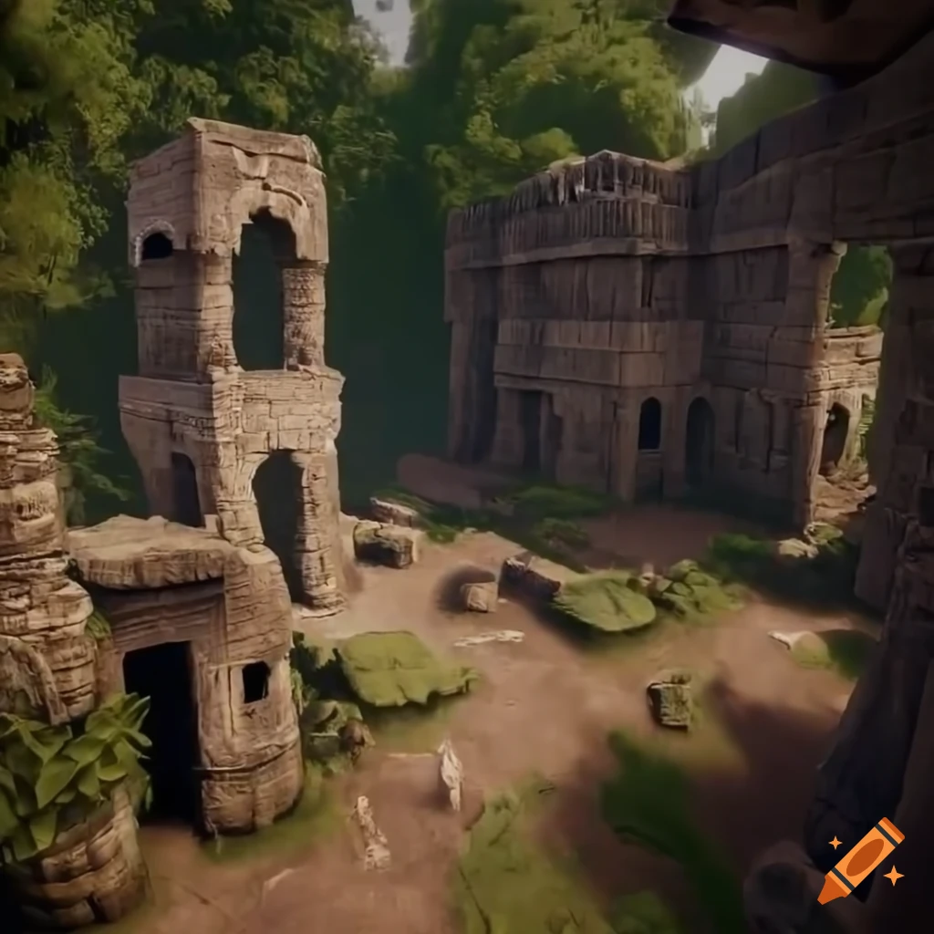 Aerial view of etruscan-hittite ruins in jungle on Craiyon