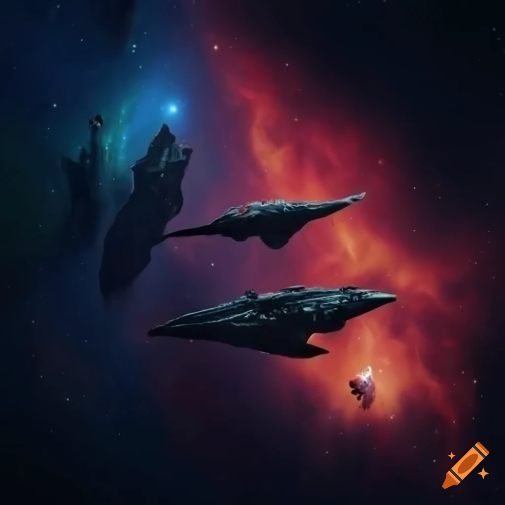 Stone wall cave with a sci-fi space ship flying into a nebula