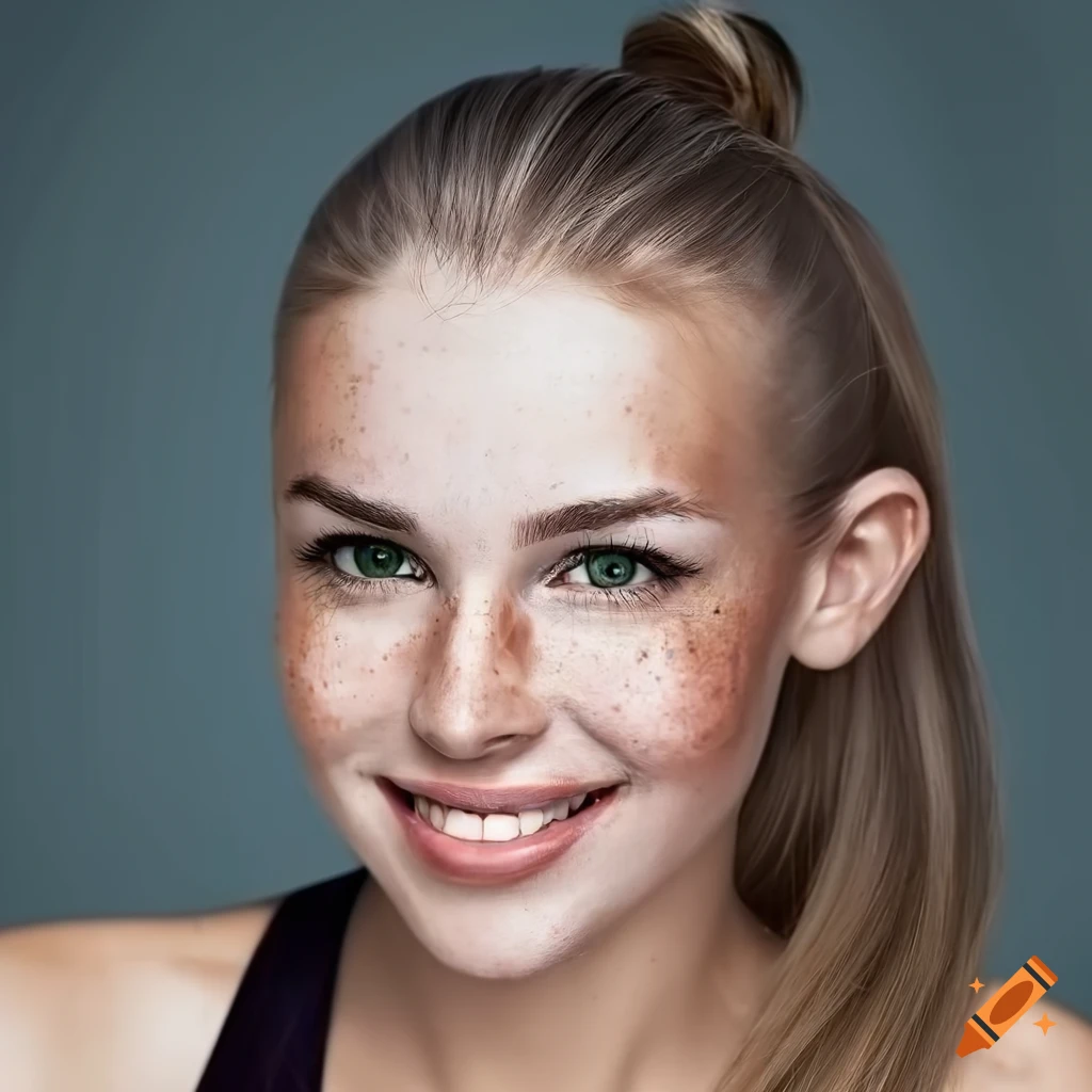 Full portrait of a beautiful young woman with freckles and blonde hair ...