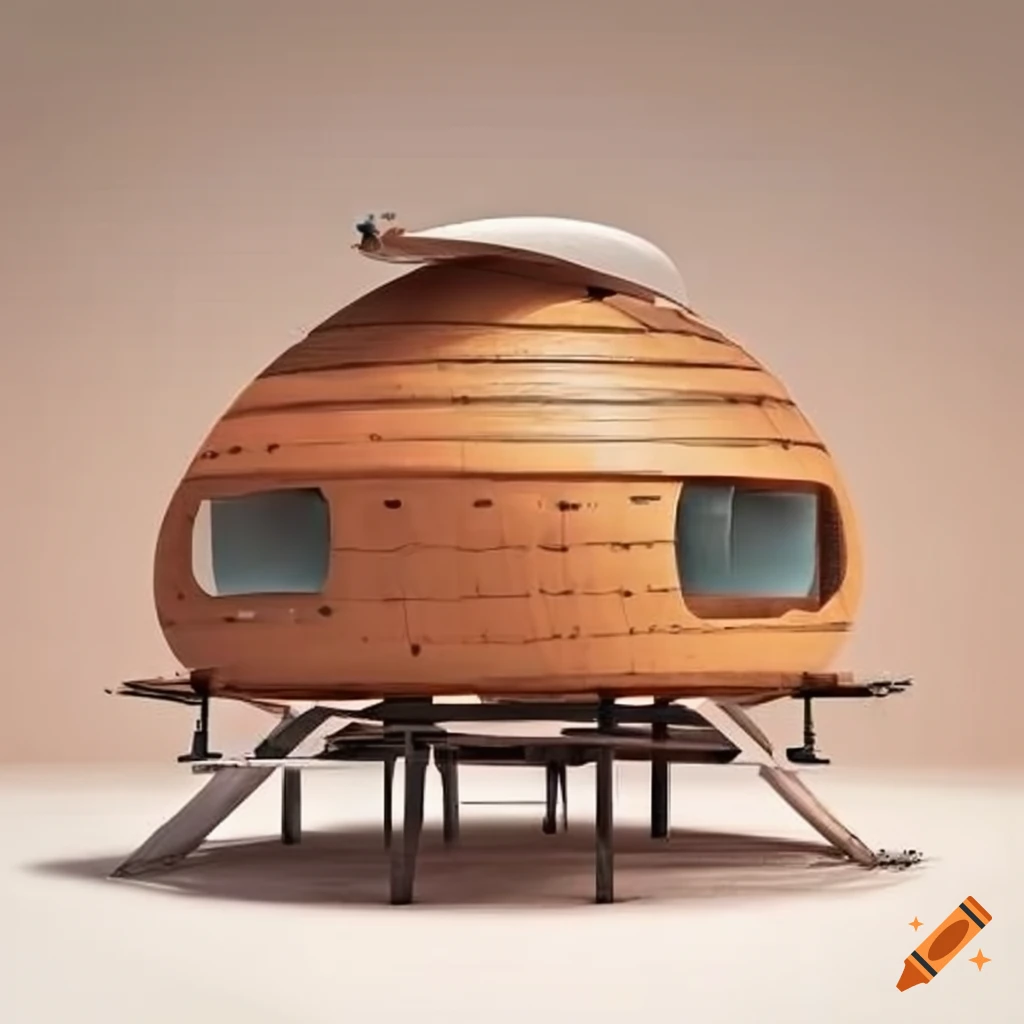 Technical drawing of a unique living pod with landing stilts on Craiyon