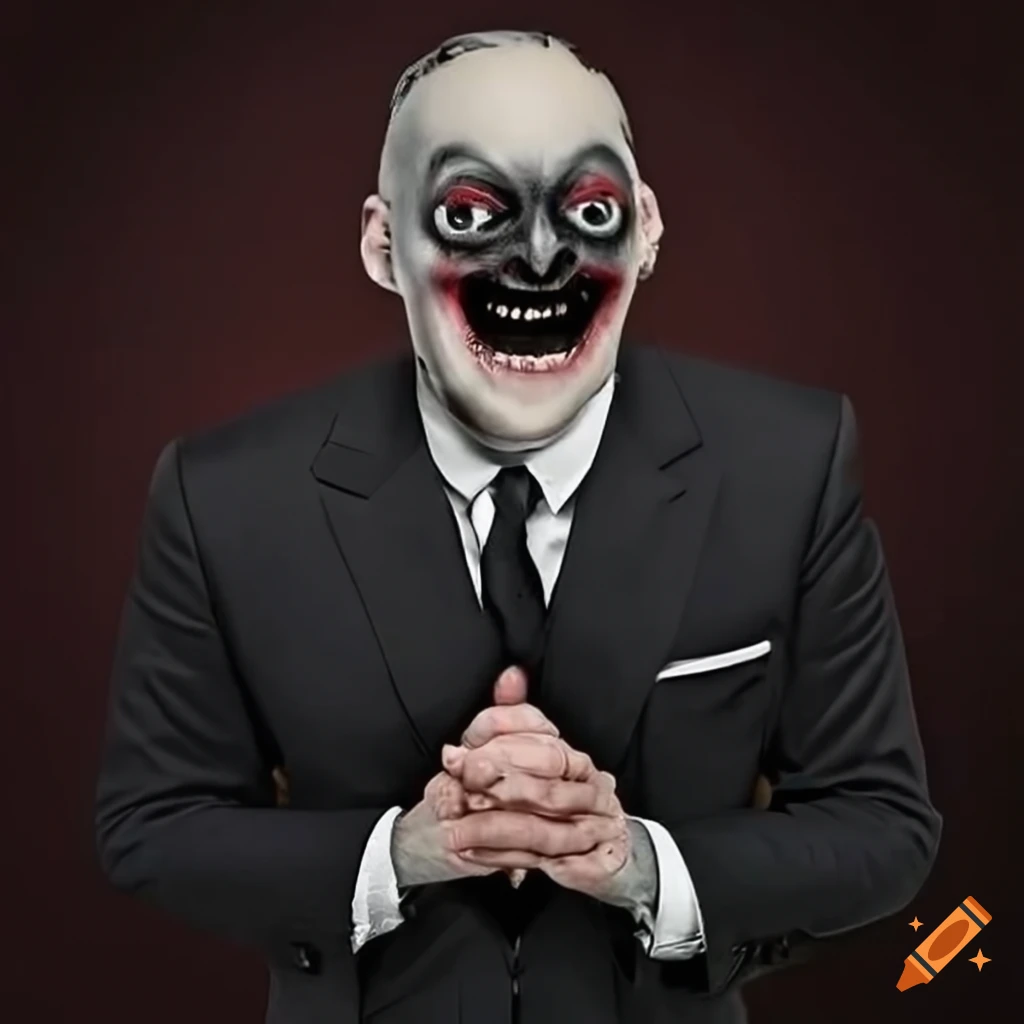 Photorealistic image of a man in a black suit with a twisted and ...