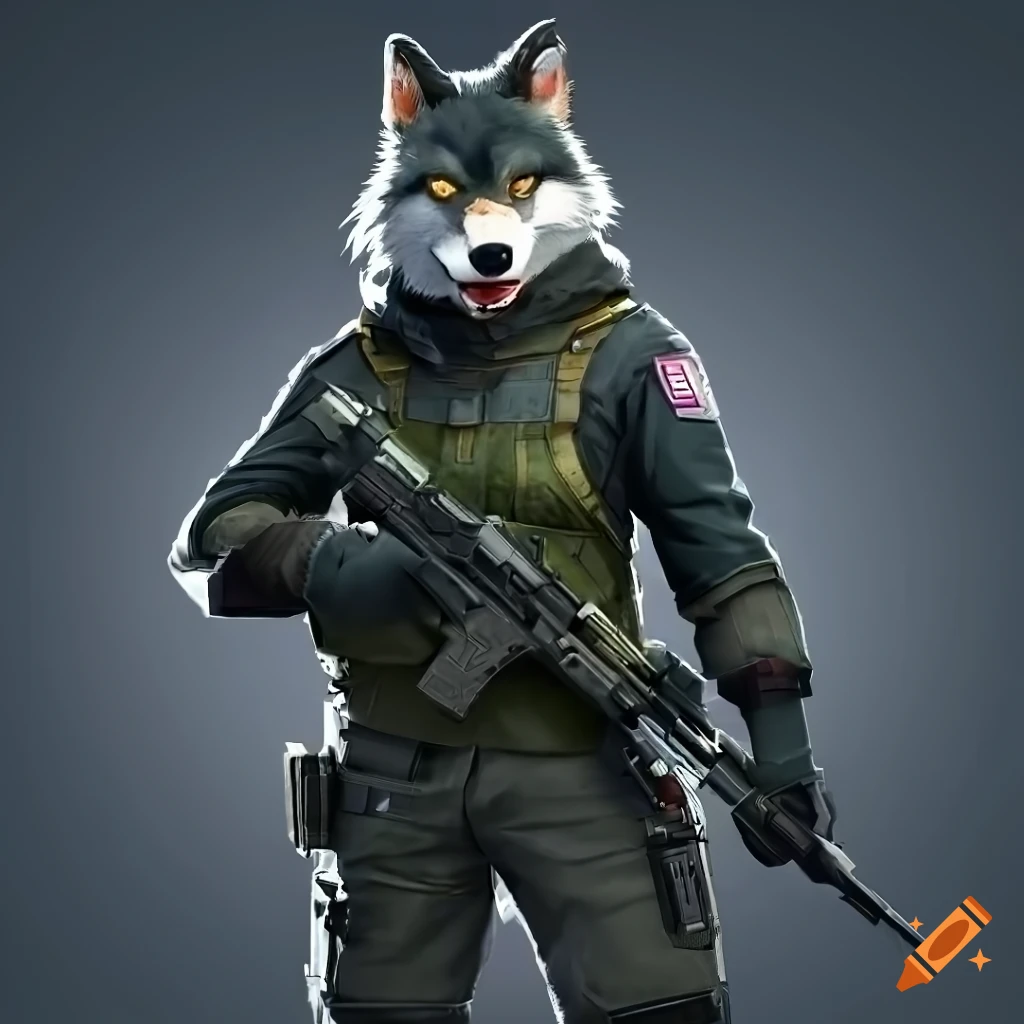 Realistic depiction of a wolf in spec ops uniform