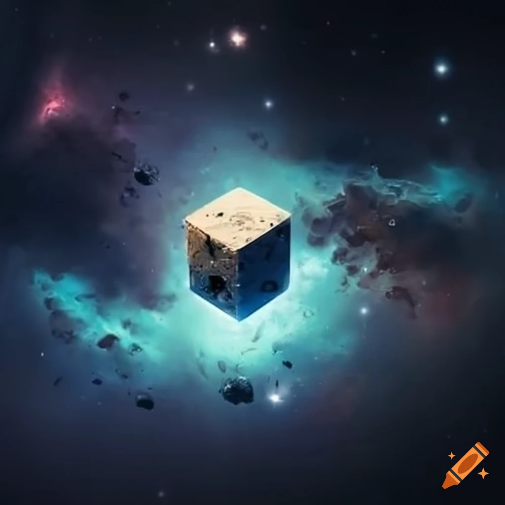 Cube floating in a cosmic landscape on Craiyon