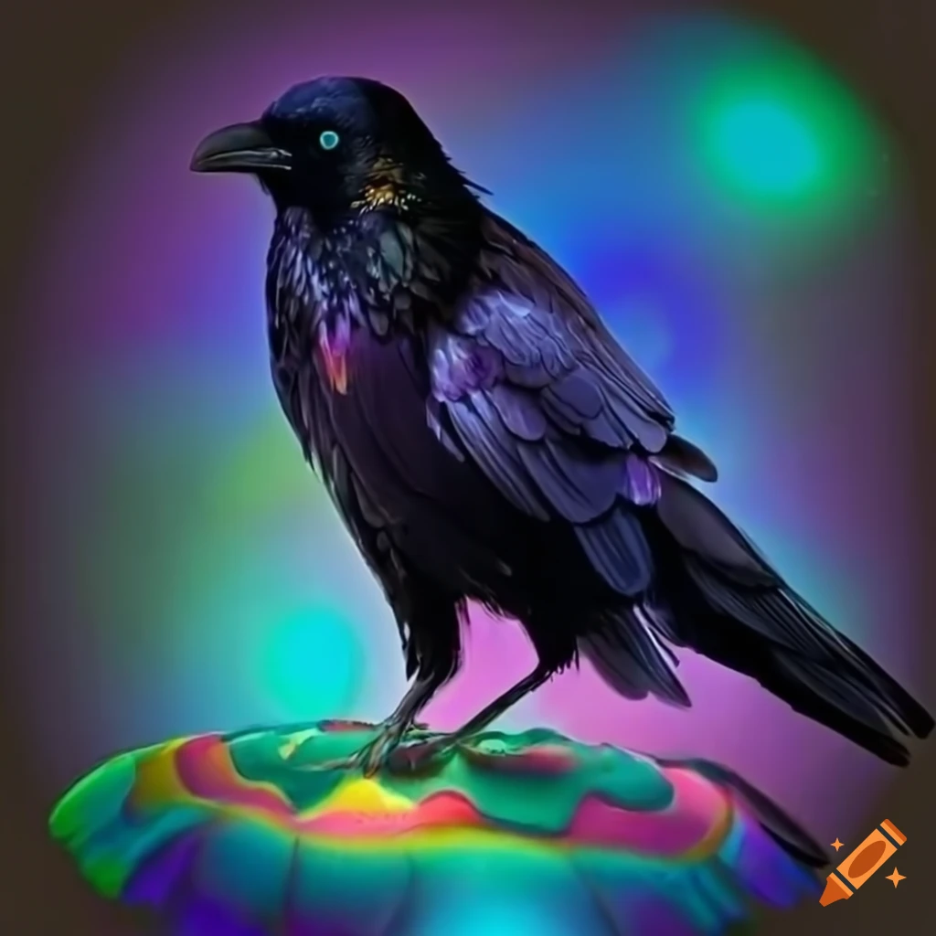 Colorful crow sitting on a whimsical mushroom on Craiyon