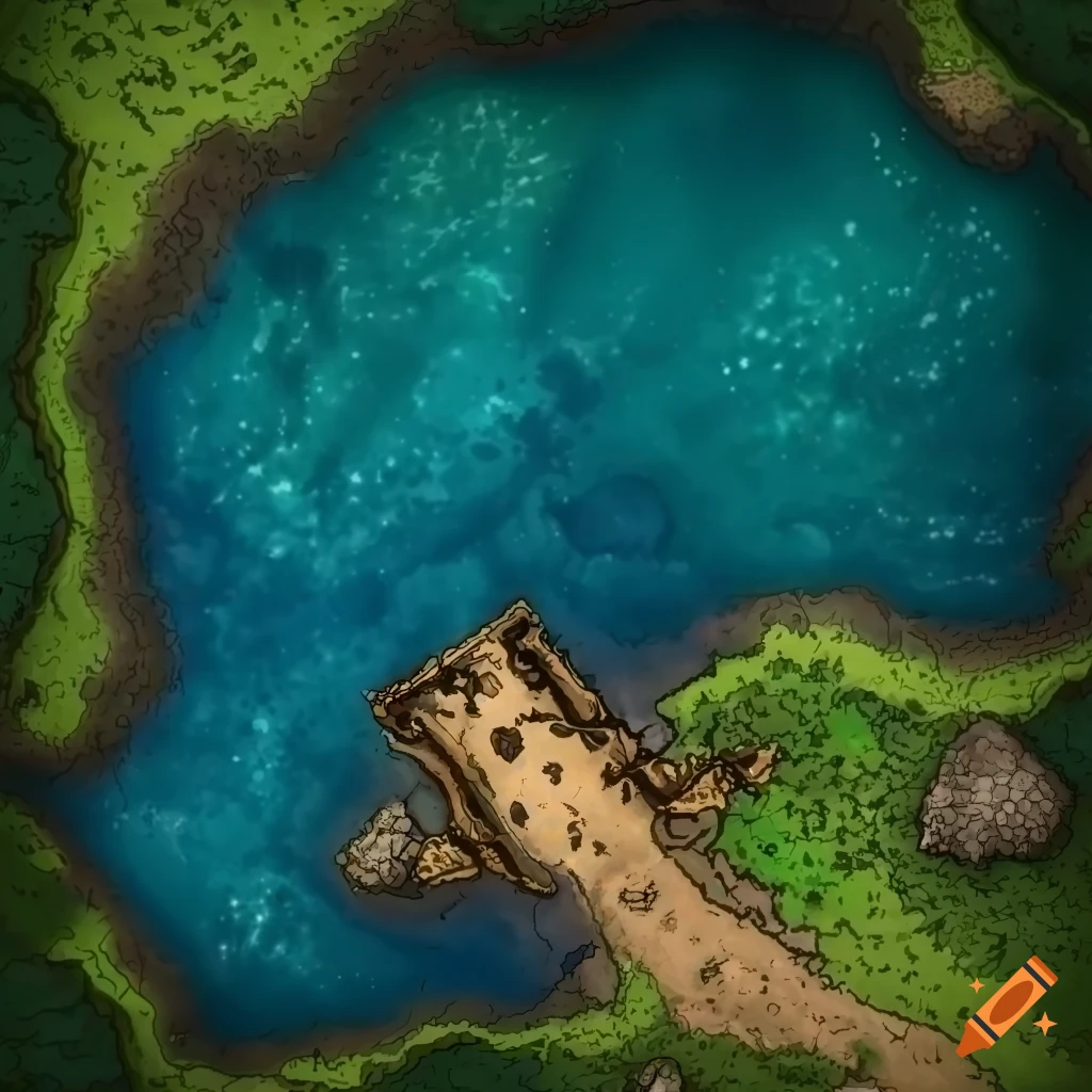 Top down dnd battlemap of underdark river with a ruin on Craiyon