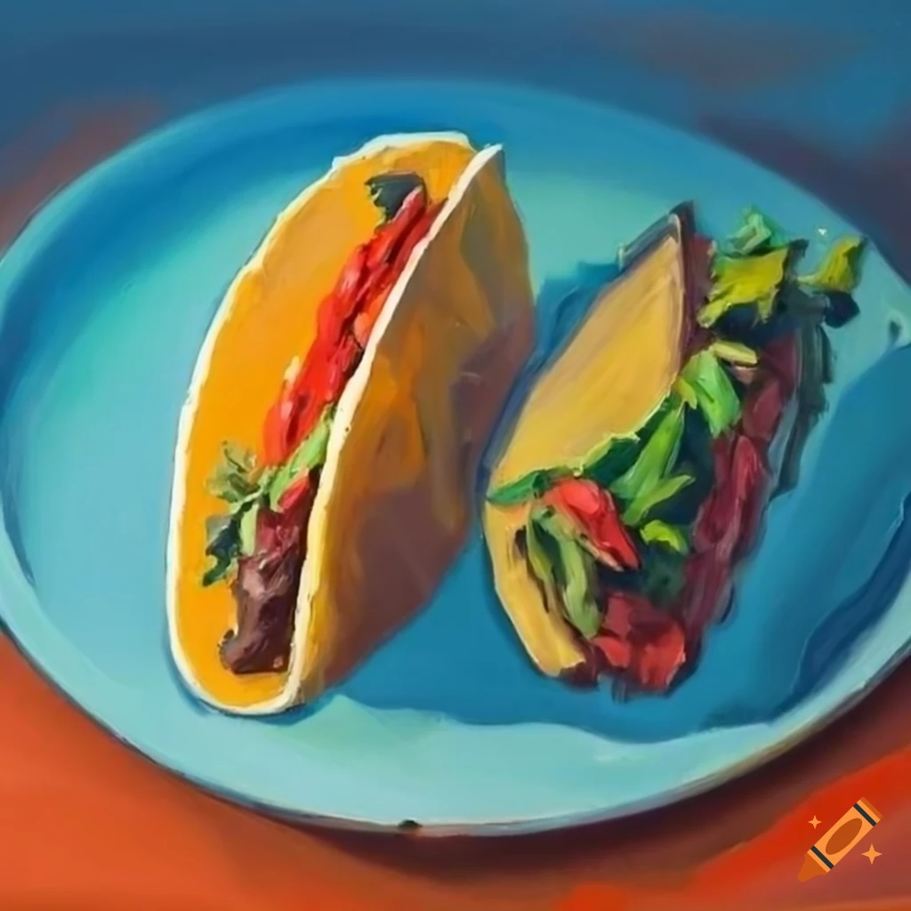 Oil painting of three colorful tacos on a plate on Craiyon