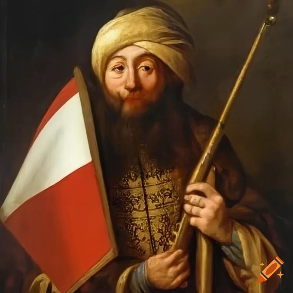 Oil painting of a muslim ruler holding poland flag
