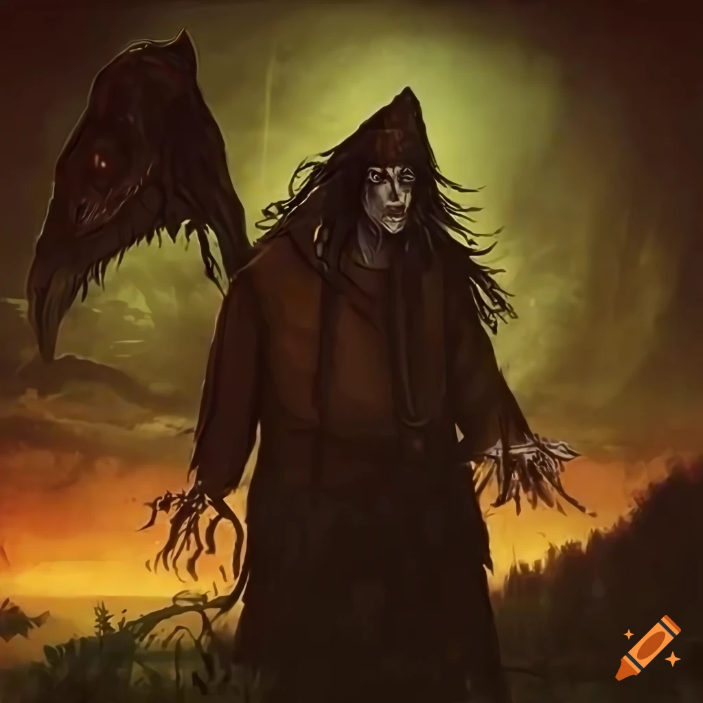 70s fantasy art of a hobbit farming with a scarecrow on Craiyon