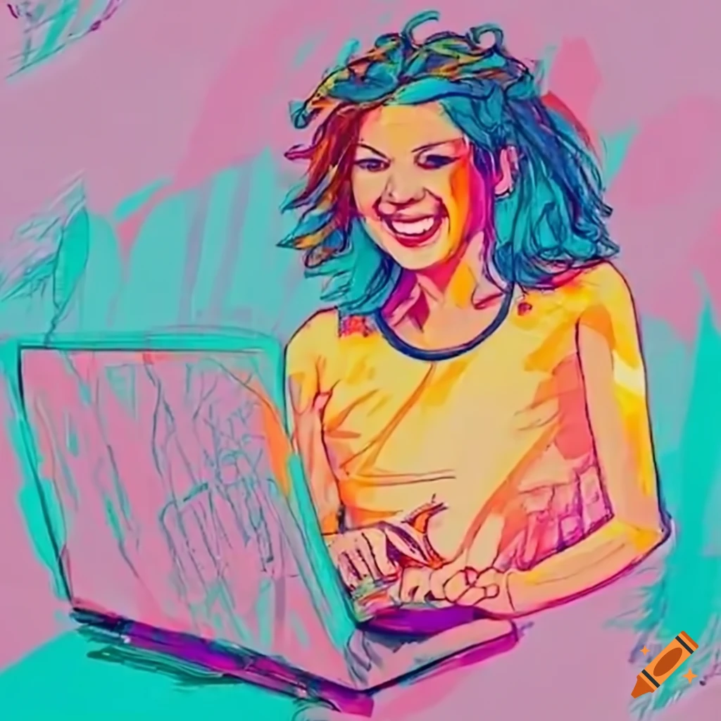 Woman using laptop with a smile on Craiyon