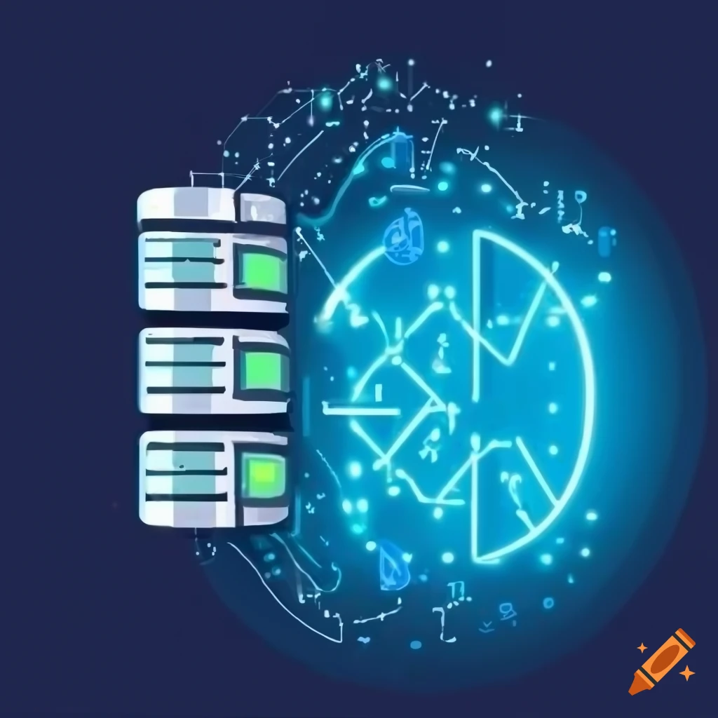Database server surrounded by data designs and electric circuit schematic on Craiyon