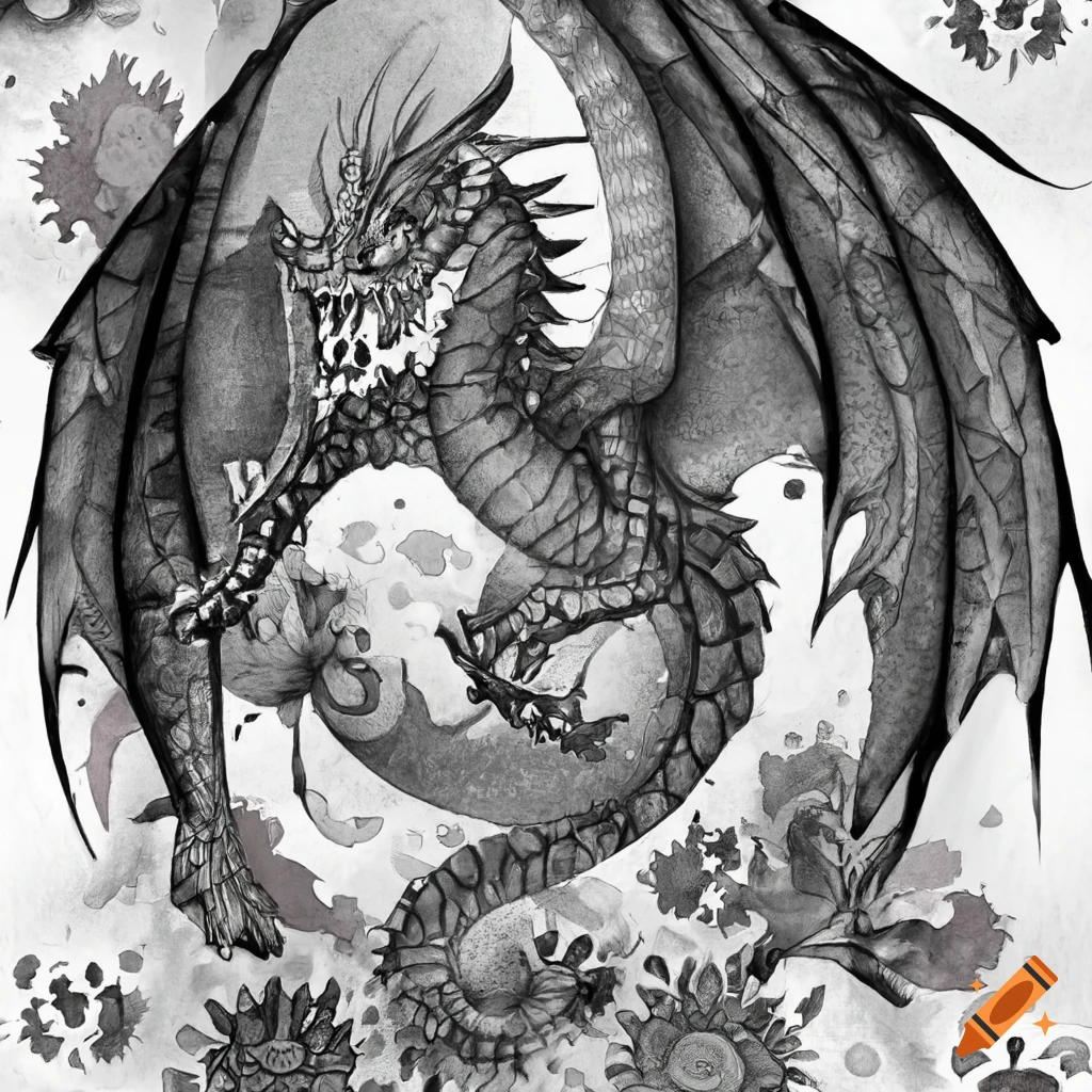 Japanese dragon circling a sakura tree in black ink drawing on Craiyon