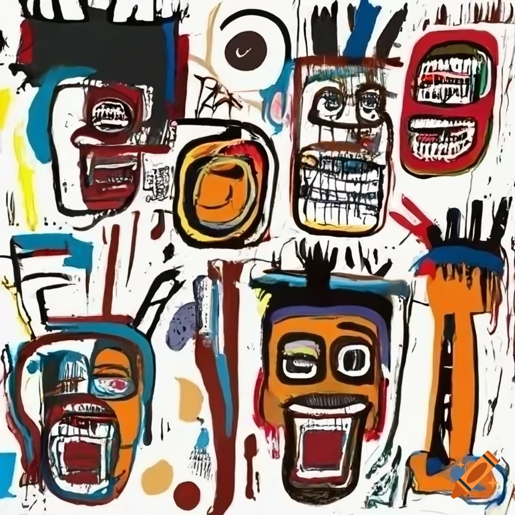 Jean-michel basquiat style illustration with various subjects
