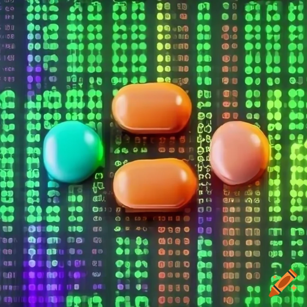 Matrix binary code with colorful pills on Craiyon