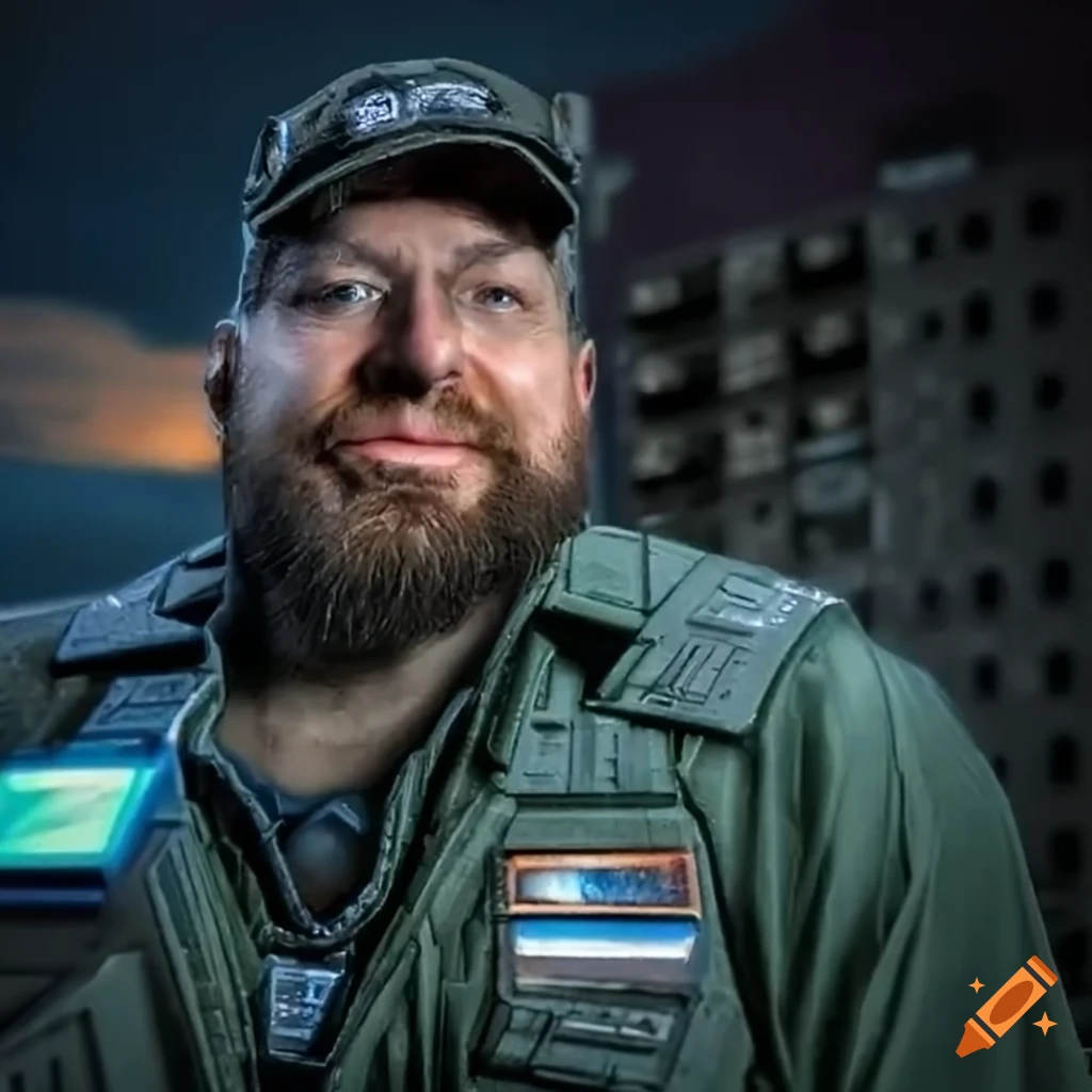 Close-up of a rugged battletech pilot with a beard on Craiyon
