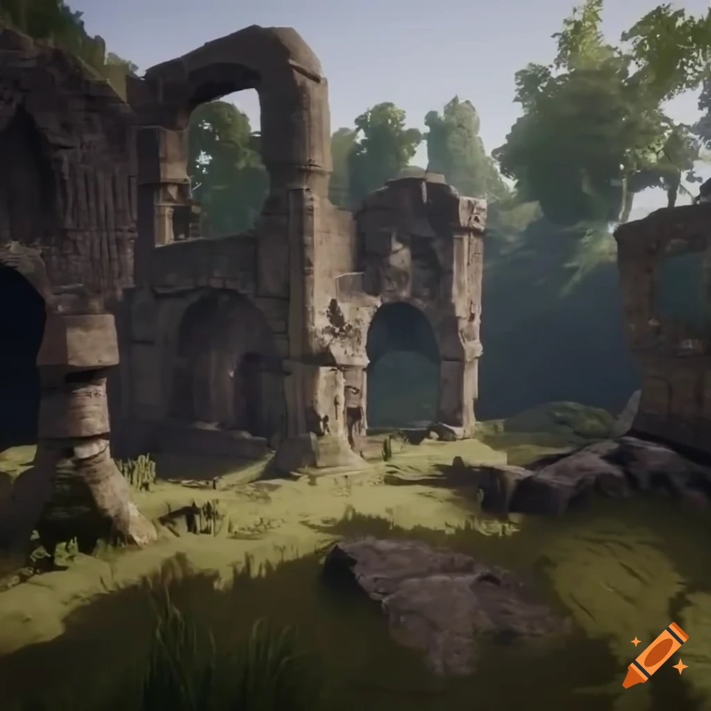 Aerial view of etruscan-hittite ruins in the jungle on Craiyon