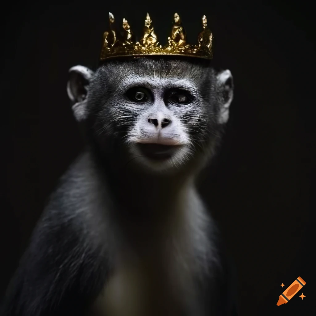 Regal black and white saïmiri monkey wearing a golden crown