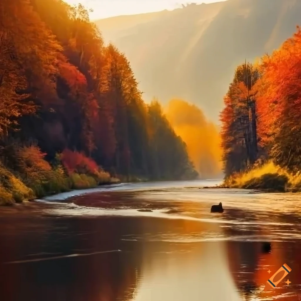 Medieval village by a river in fall at sunset