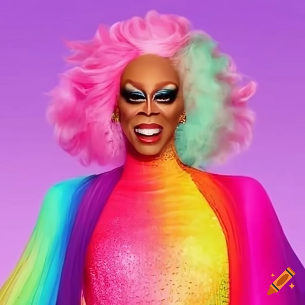 Rupaul in a colorful neon gown and giant pigtails