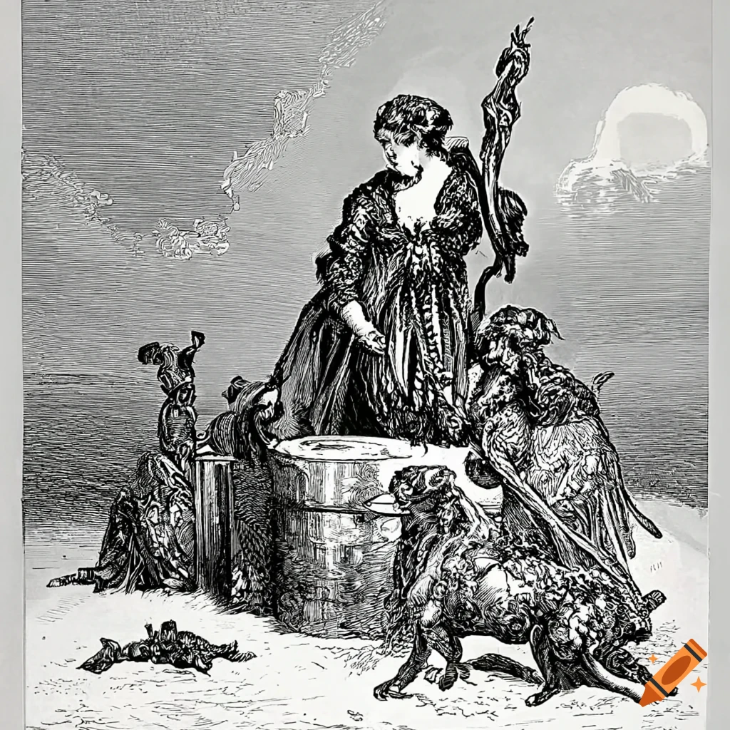 Old black and white engraving in the style of gustave doré, natalie ...