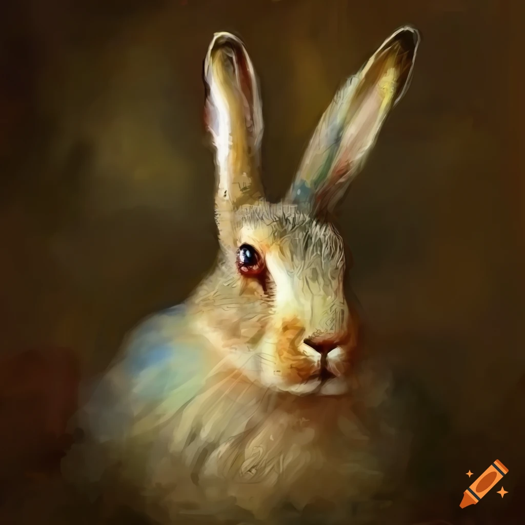 Digital painting of a Renaissance-style hare surrounded by winter ...