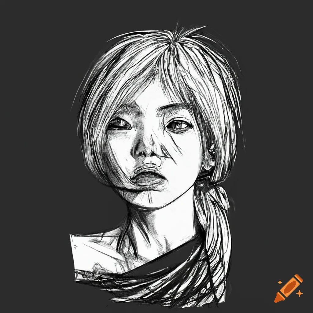 Black and white sketch of a japanese rpg character on Craiyon