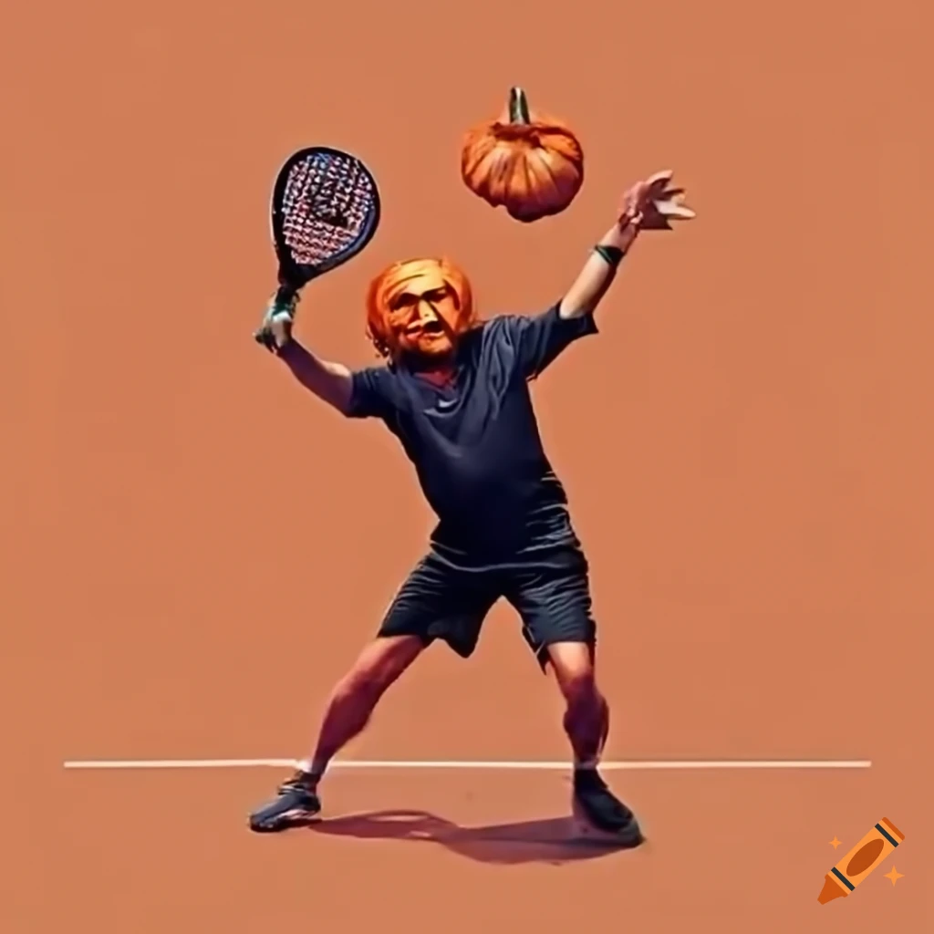 Halloween-themed illustration of a pumpkin playing padel tennis