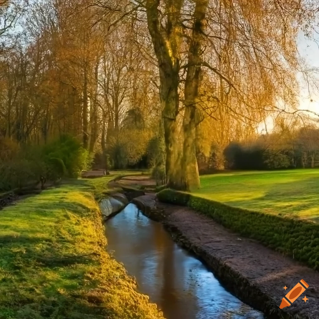 Gardens in knighton park, leicester, england with a stream running past ...