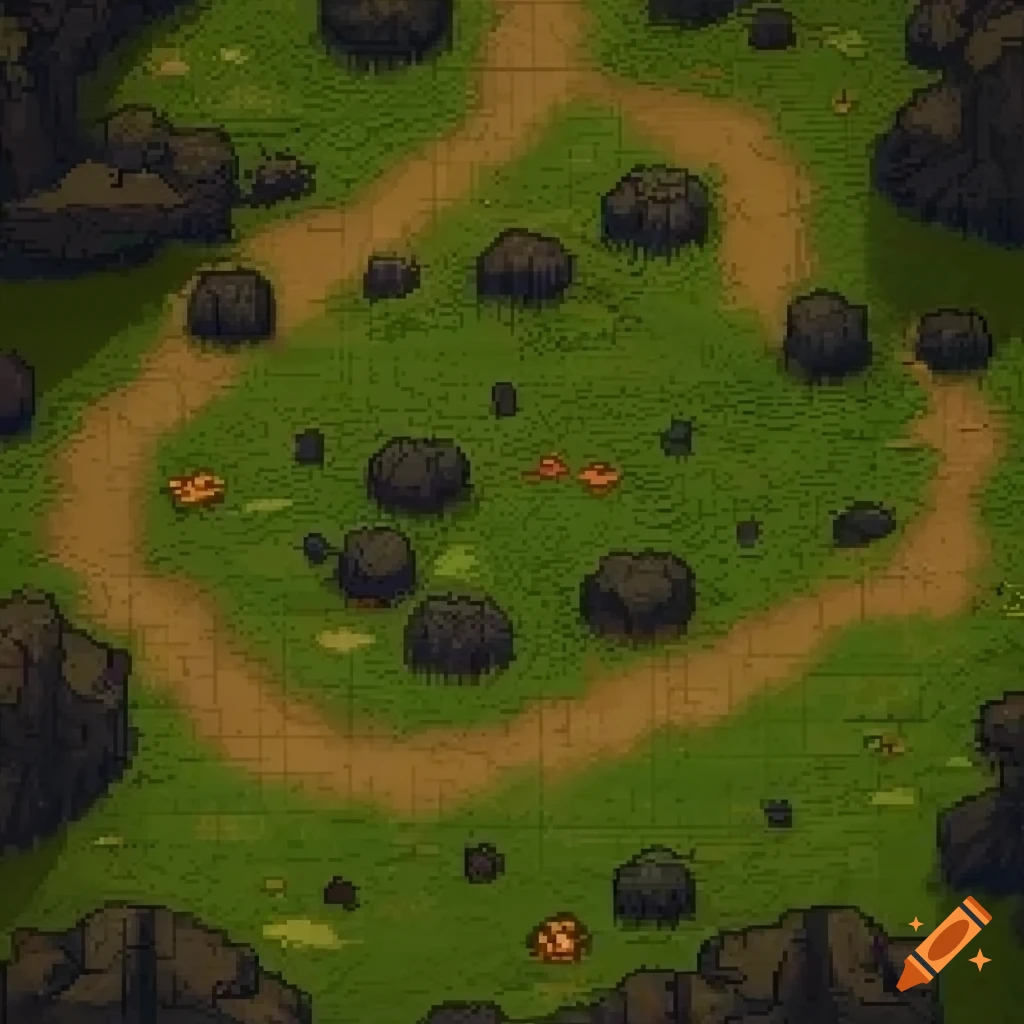 RPG style pixel art battlemap with meadow and mountain path on Craiyon