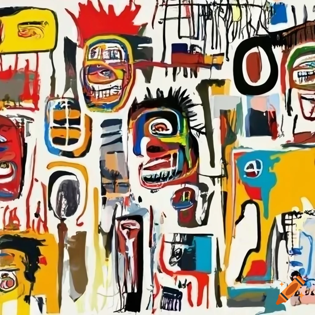 Jean-michel basquiat style illustration with various subjects on Craiyon
