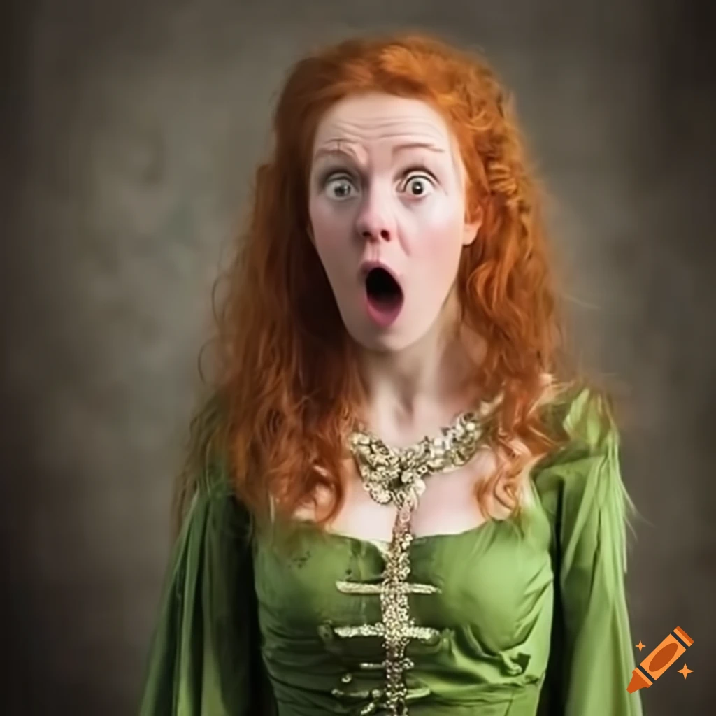 Redheaded Woman In Green Medieval Dress With Shocked Expression On Craiyon