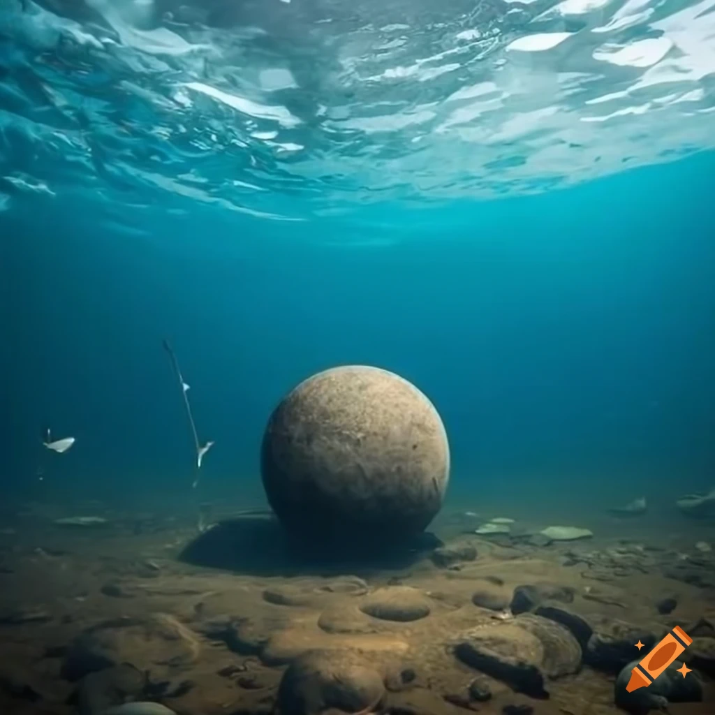 Underwater view of a shipwreck and steel sphere on Craiyon