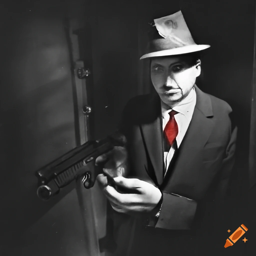1940s noir photo of a mysterious man with a gun