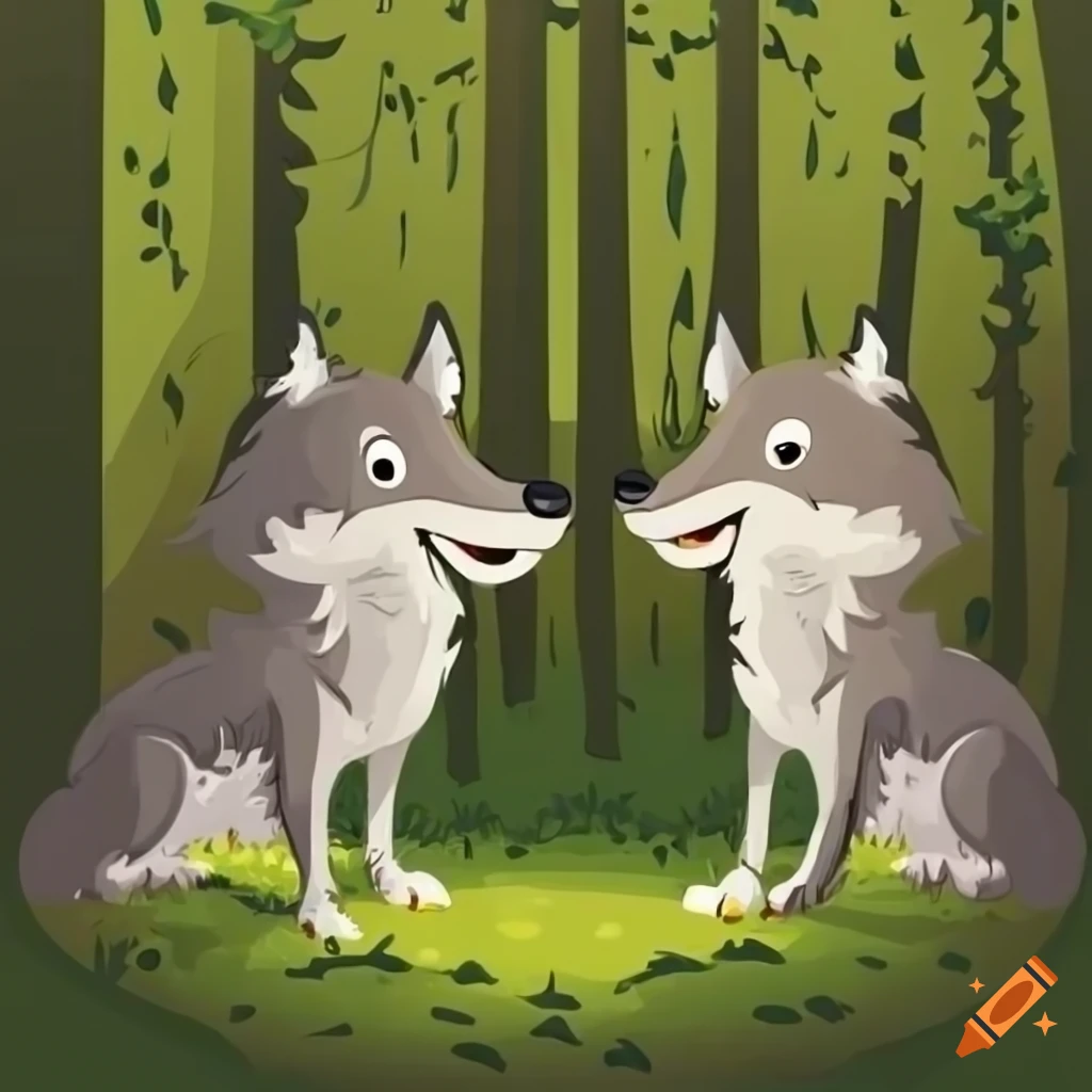 Cartoon wolf leaning on a tree in a green forest on Craiyon