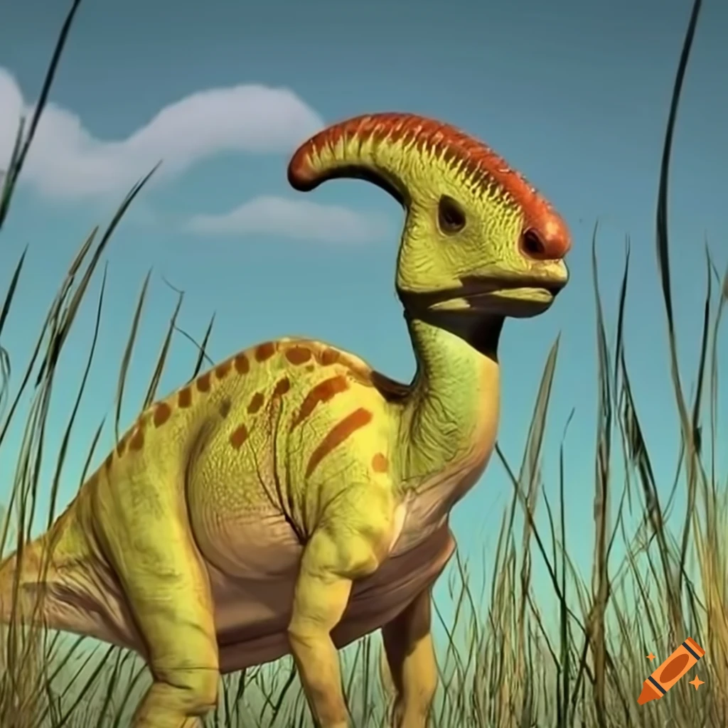 Image of a hidden yellow parasaurolophus in wild vegetation on Craiyon