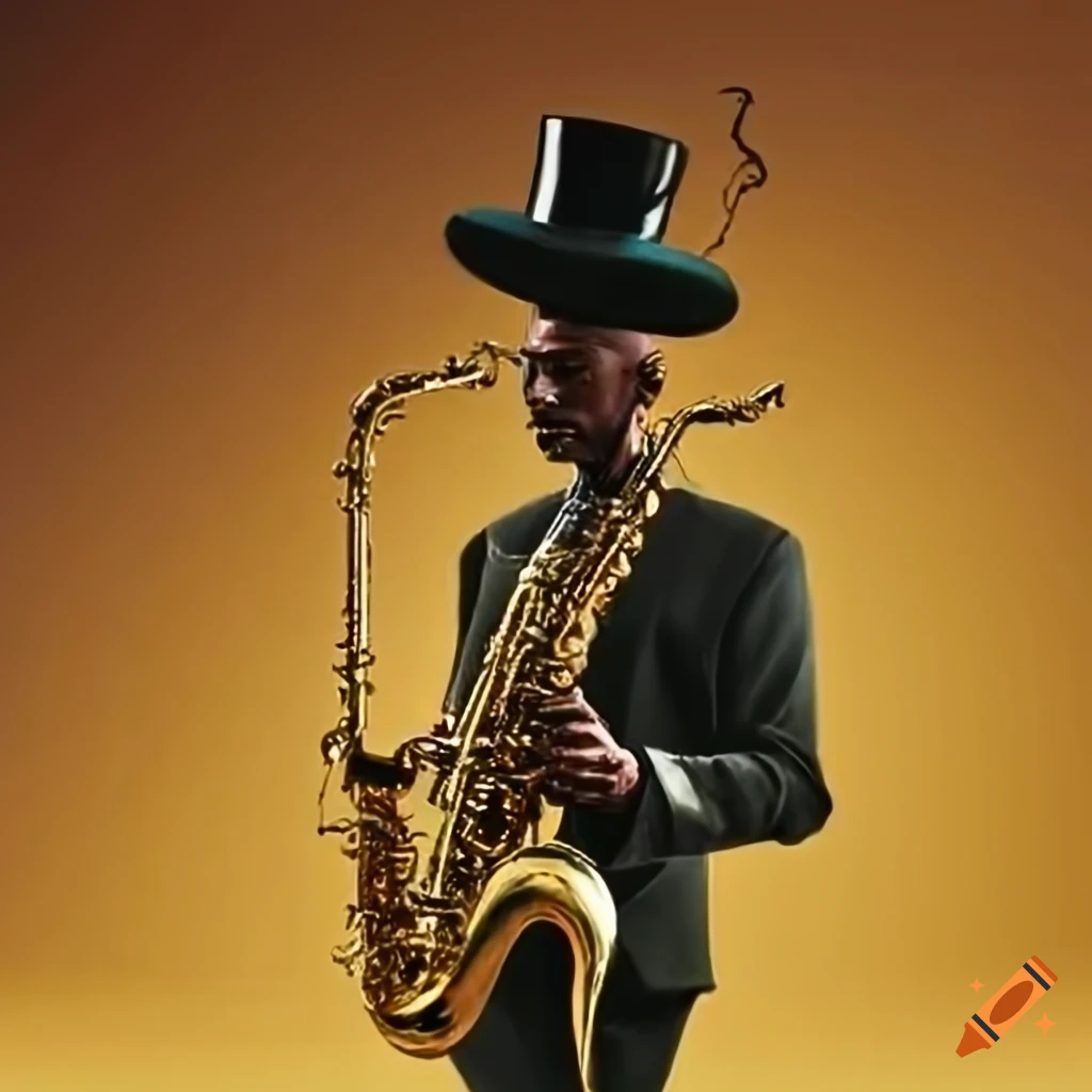 Surreal image of a dark-skinned man playing saxophone on Craiyon