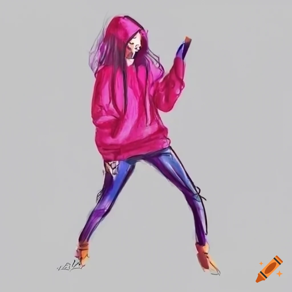 Sketch of a dancing woman in a hoodie on Craiyon