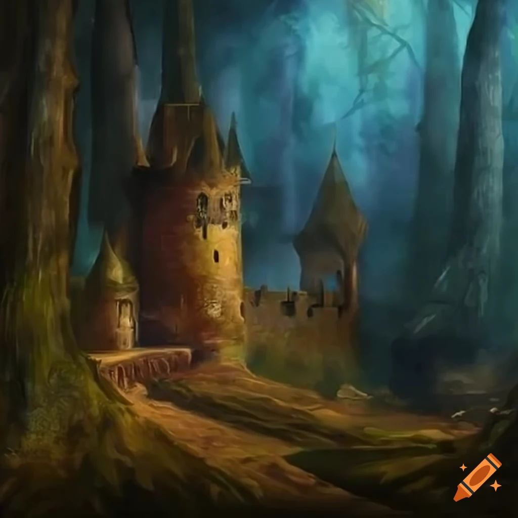 Painting of a majestic castle in the woods